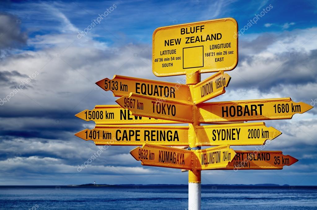 Signpost in the Stirling Point, Bluff, New Zealand — Stock Photo ...
