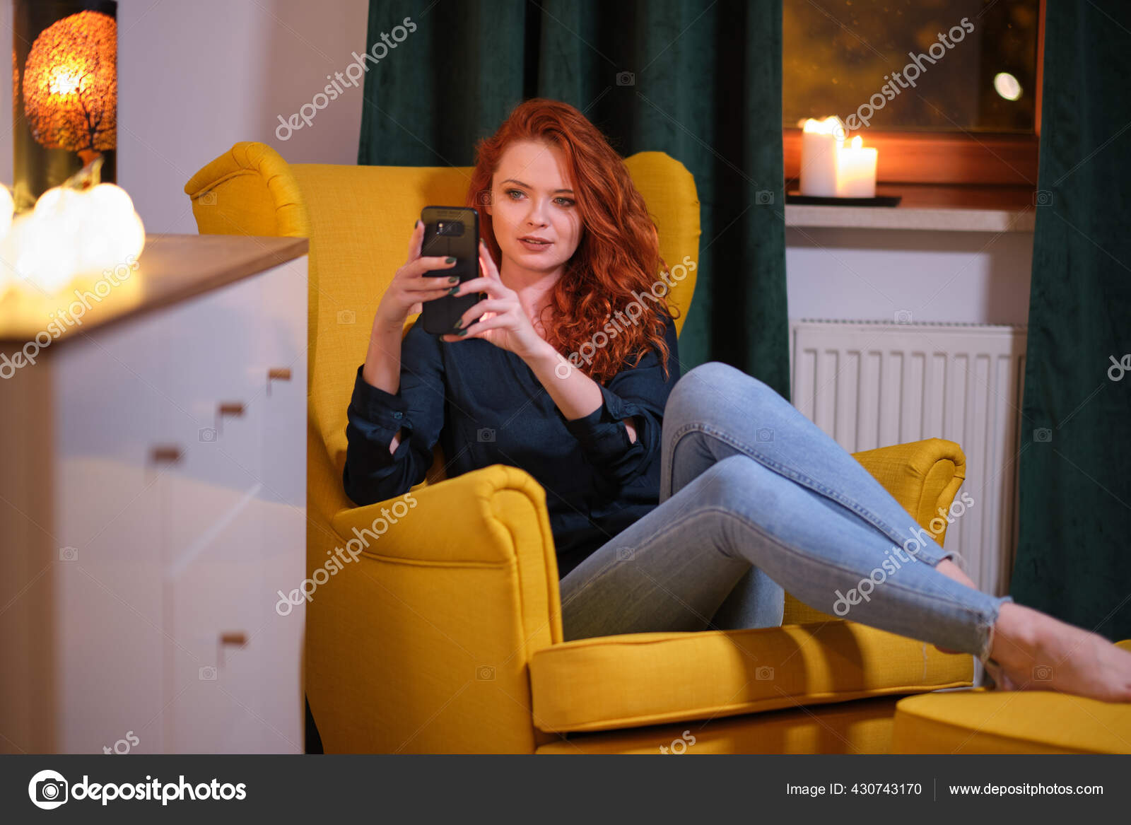 Pretty Girl Using Her Smartphone Couch Home Living Room Stock Photo by ...