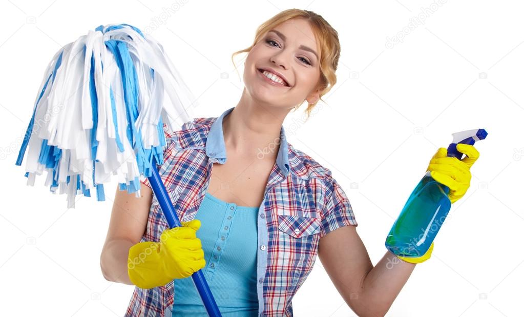 Housewife cleaner isolated over white — Stock Photo © zoomteam #61839617