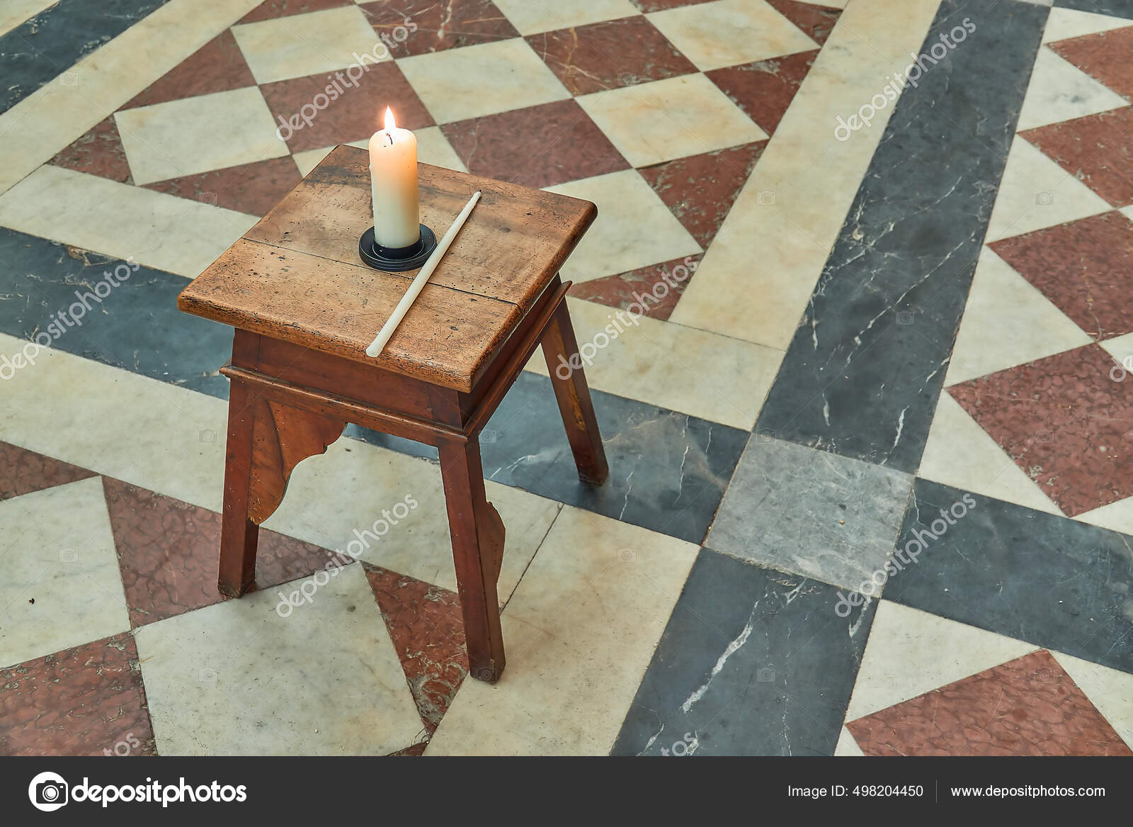 Burning Candle Backless Stool Background Marble Floor — Stock Photo ...