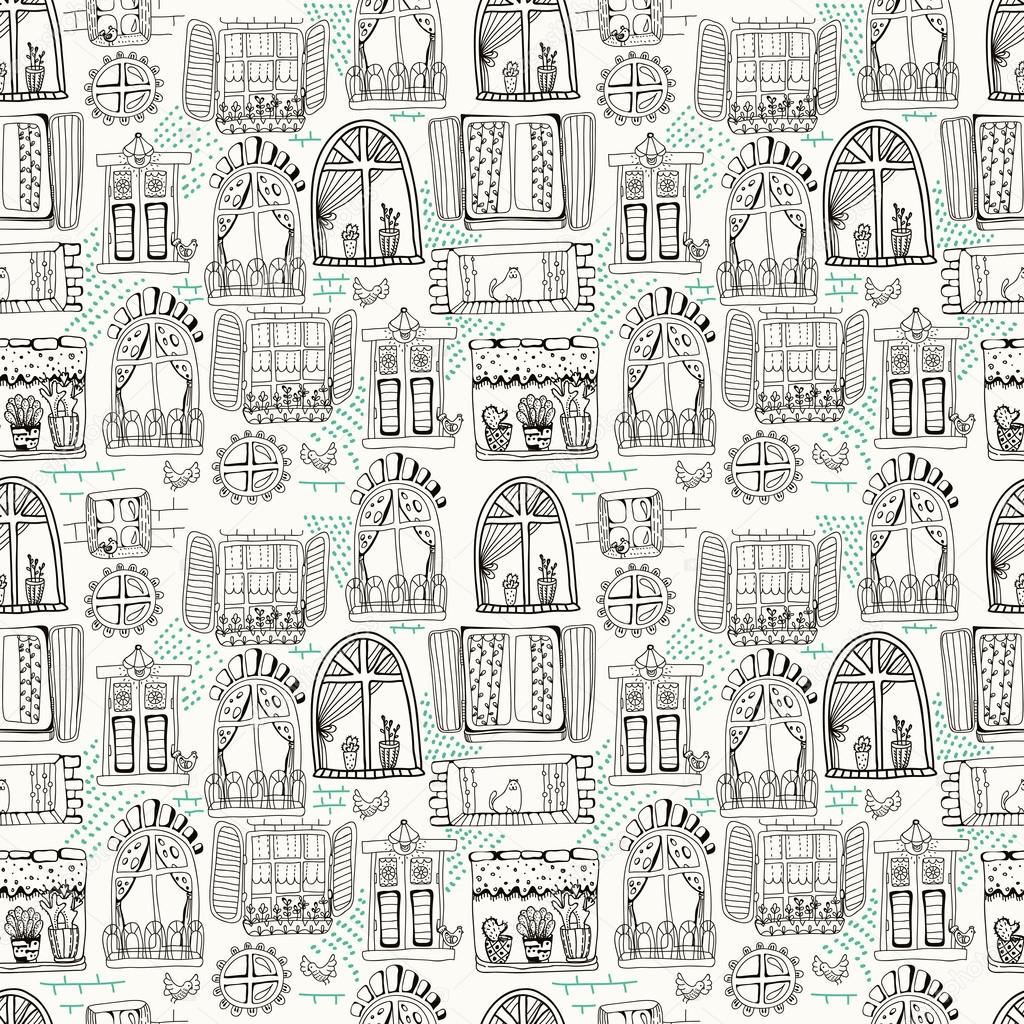 Seamless pattern with cute doodle cartoon windows Stock Illustration by ...