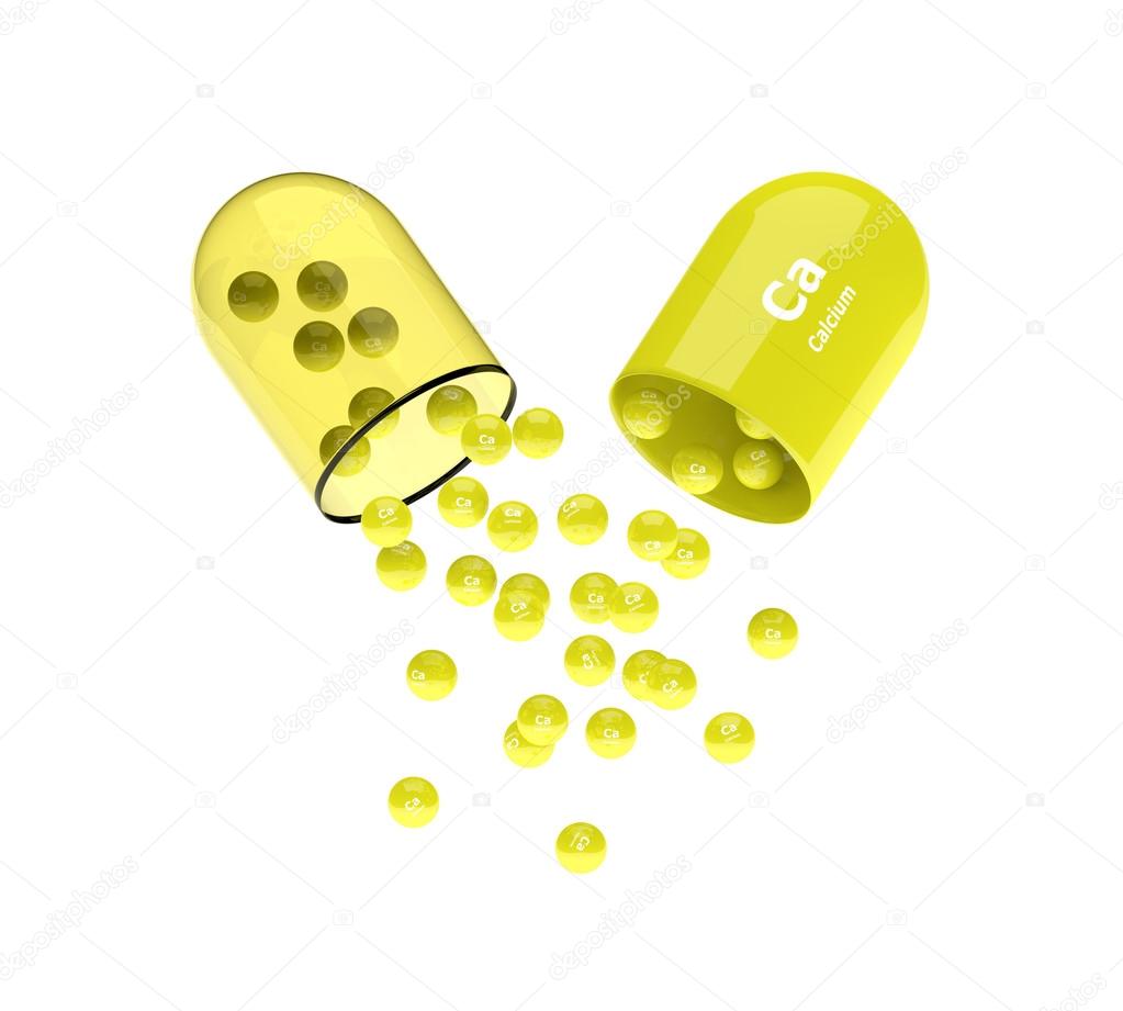 Calcium capsule with granules isolated over white Stock Photo by ...