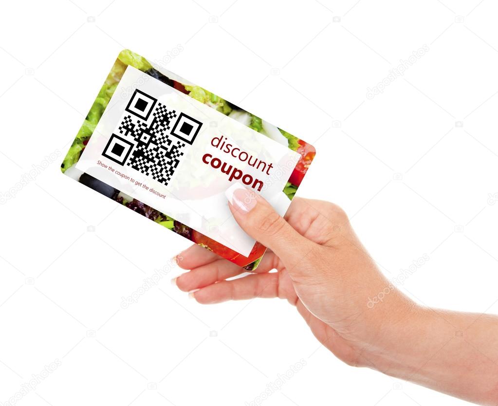 Hand holding food discount coupon with qr code isolated over whi ...