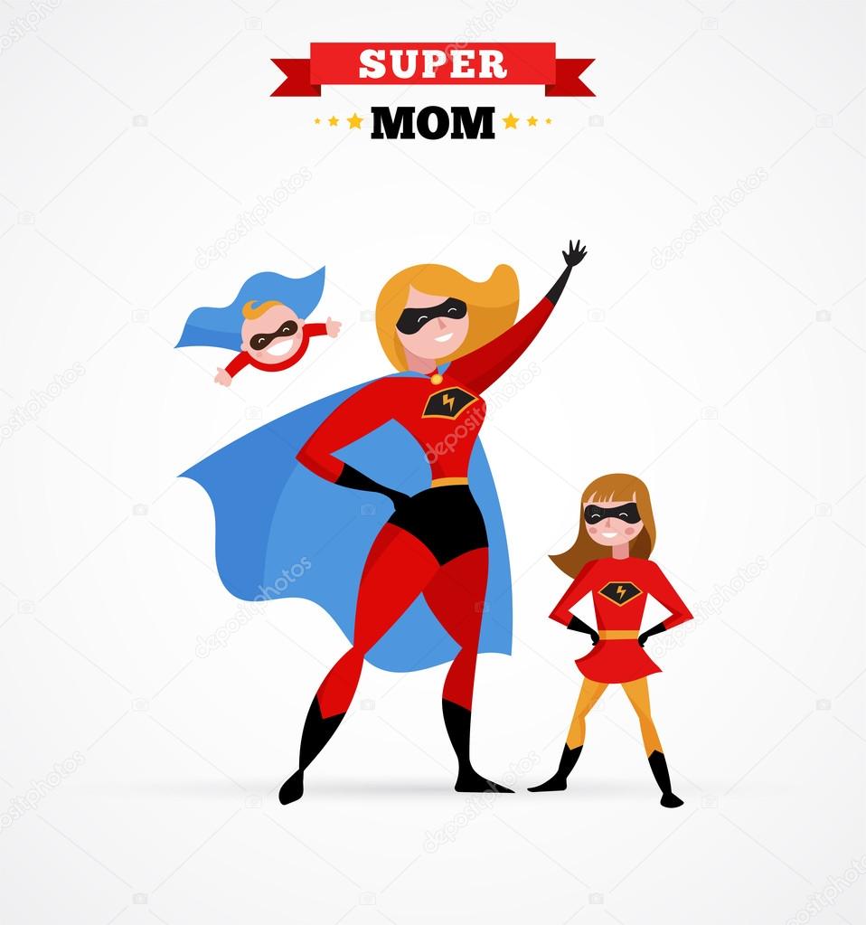 Super hero mother in superhero costume, mum with children Stock Vector ...