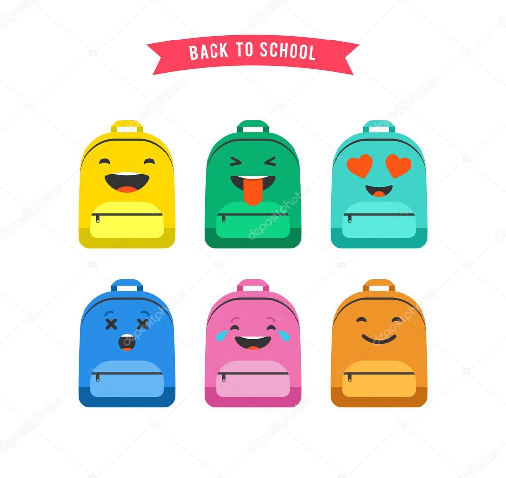Smiley, emoticons and emoji bag, backpack colorful set of icons. Back ...