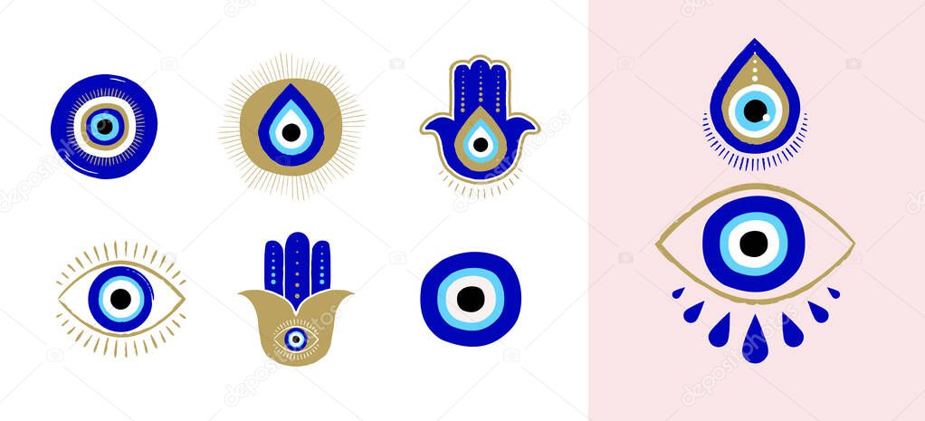 Ojo malvado o símbolos de ojo turco e iconos establecidos. Diseño de ...