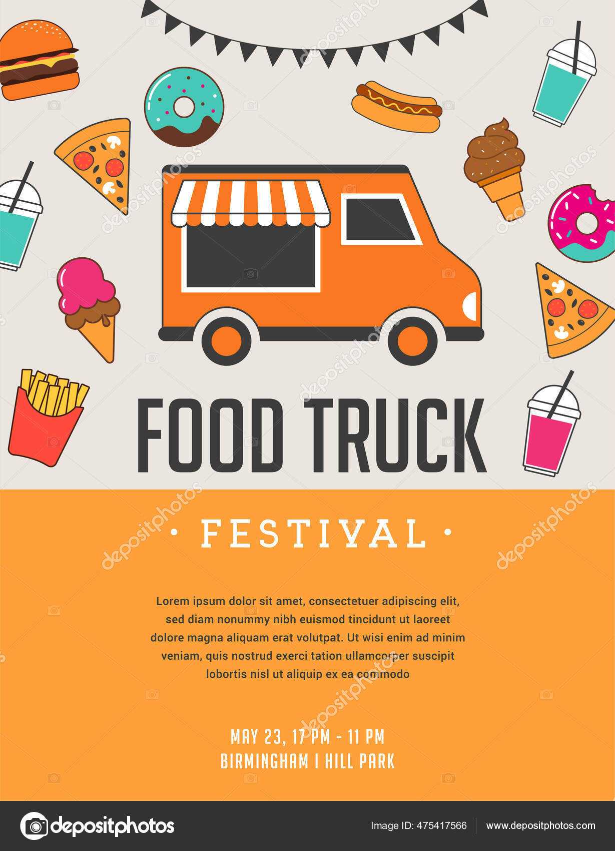 Feria de camiones de comida, mercado nocturno, festival de verano, feria callejera de comida y ...