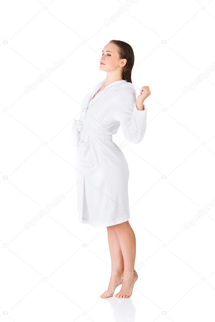 Side view woman standing, wearing bathrobe — Stock Photo © piotr ...
