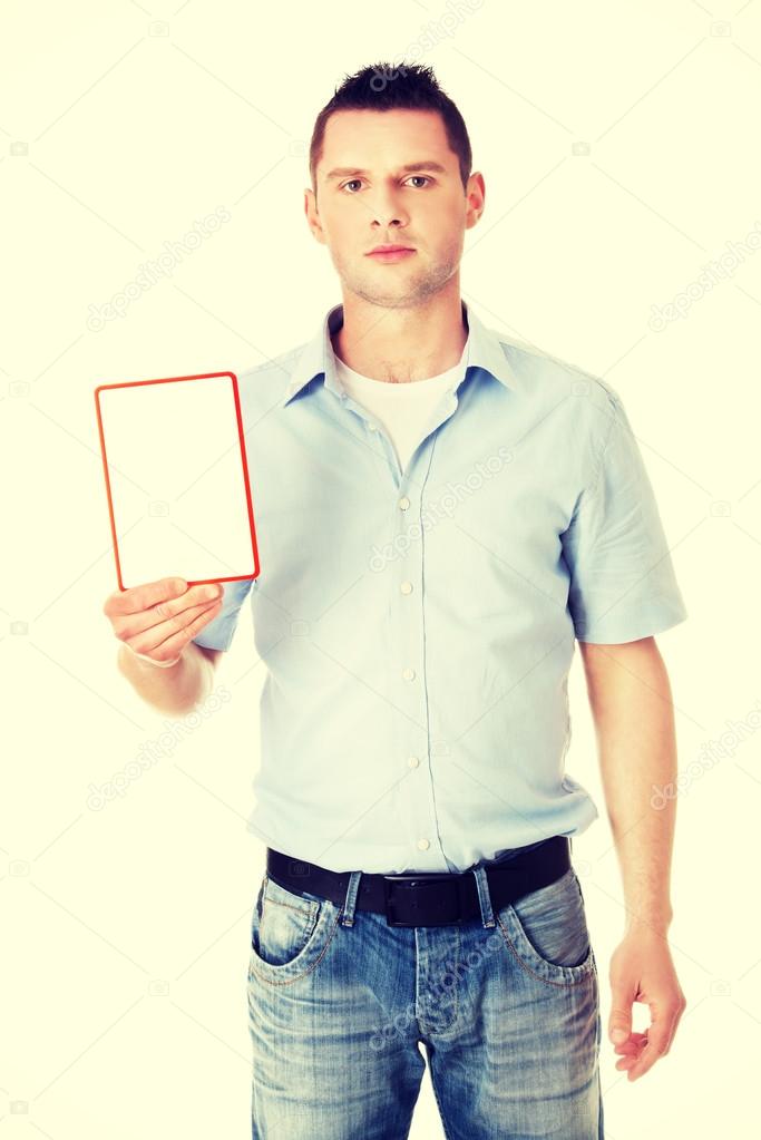 Happy man showing and displaying placard Stock Photo by ©piotr ...