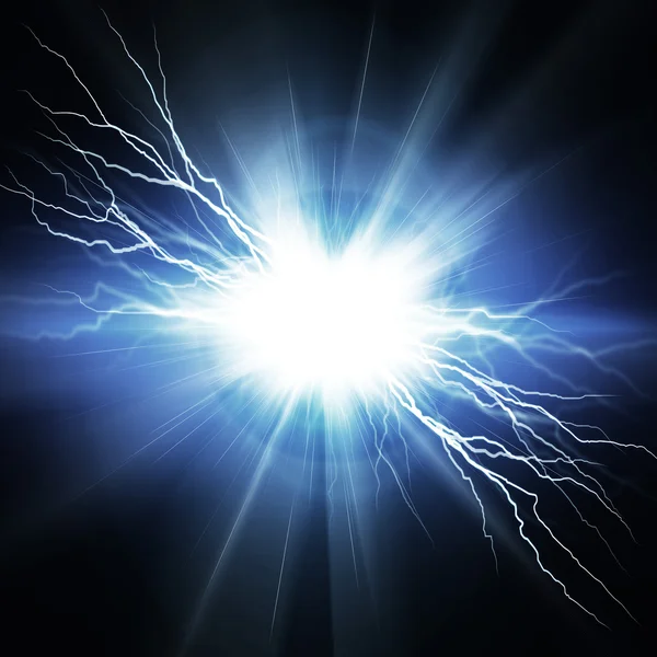 Electric flash of lightning on a blue background — Stock Photo ...