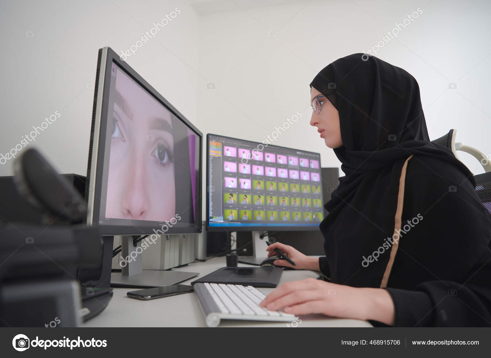 Young Muslim Girl Working Computer Home Female Photo Editor Working ...