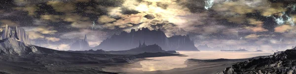 Alien Planet. Mountain and lake. Panorama. 3D rendering - Stock Image ...