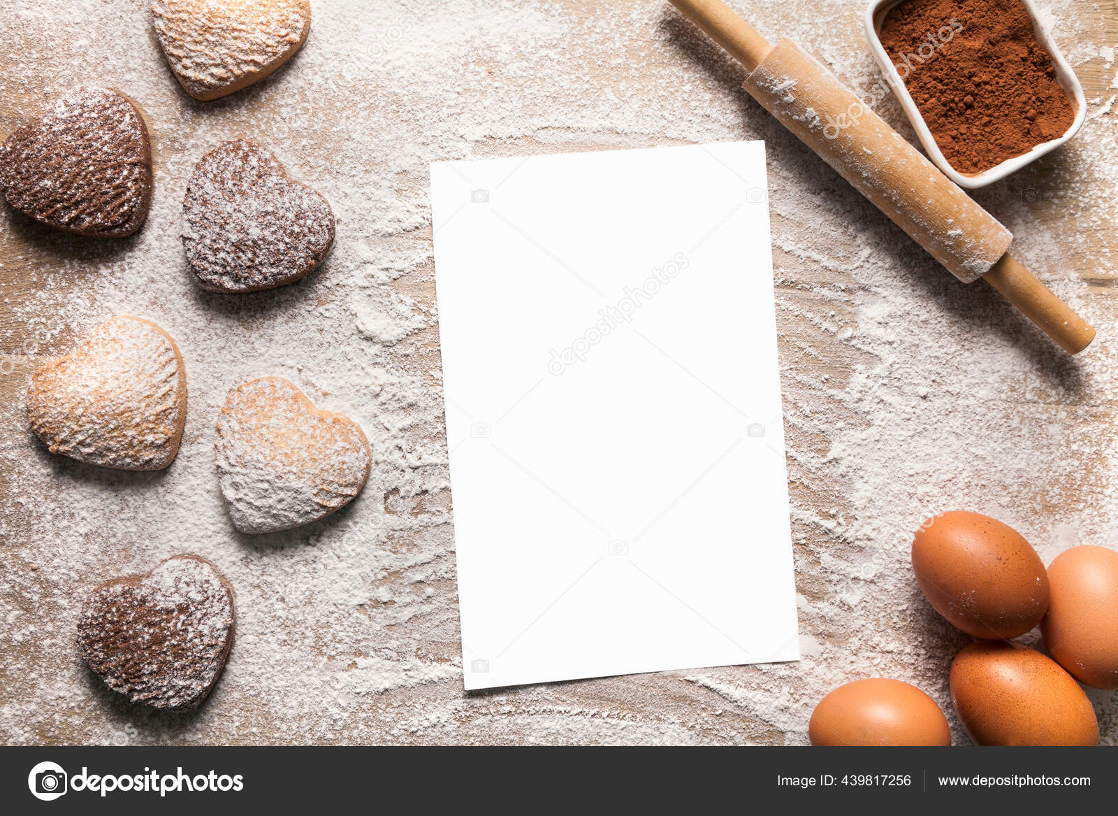 Baking background with blank sheet of paper for the recipe or menu ...