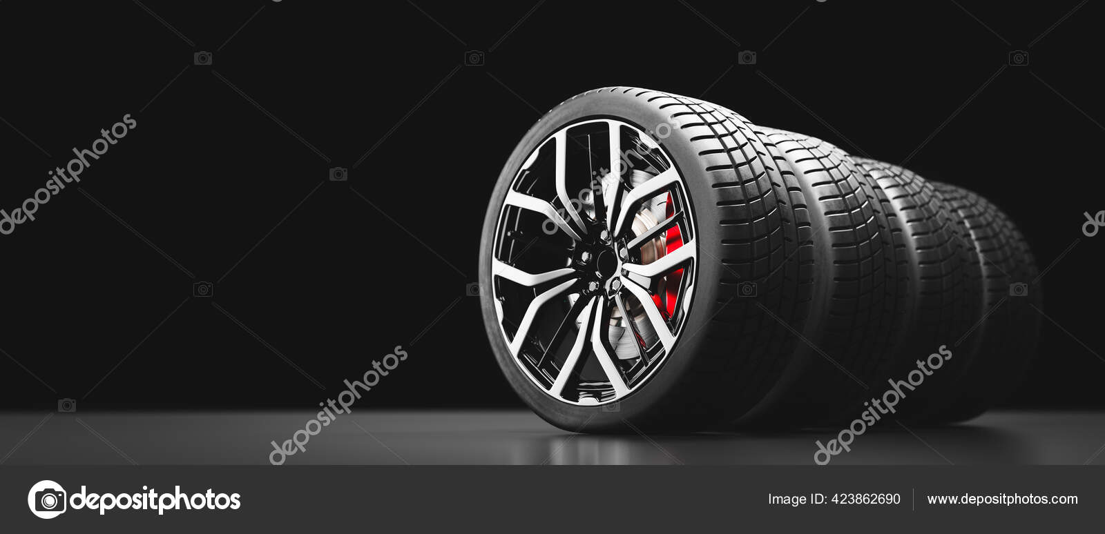 Ruedas Con Llantas Aluminio Modernas Sobre Fondo Negro Ilustración ...