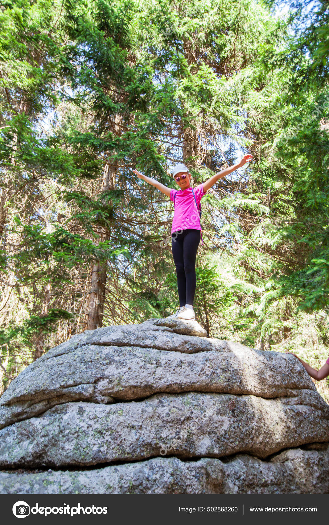 Happy Little Girl Top Big Rock Forest Adventure Nature — Stock Photo ...