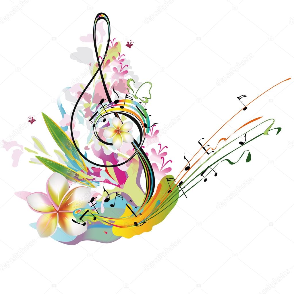 Musique d'été avec fleurs et papillon, éclaboussures colorées . image ...