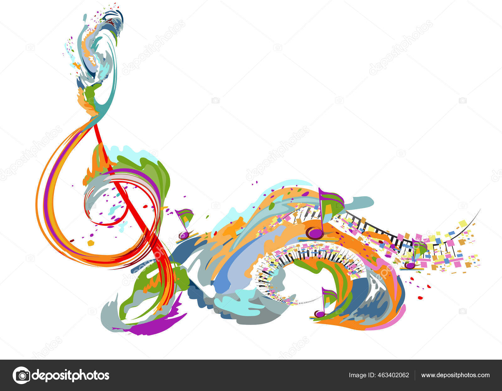 Abstract Musical Design Treble Clef Colorful Splashes Notes Waves ...