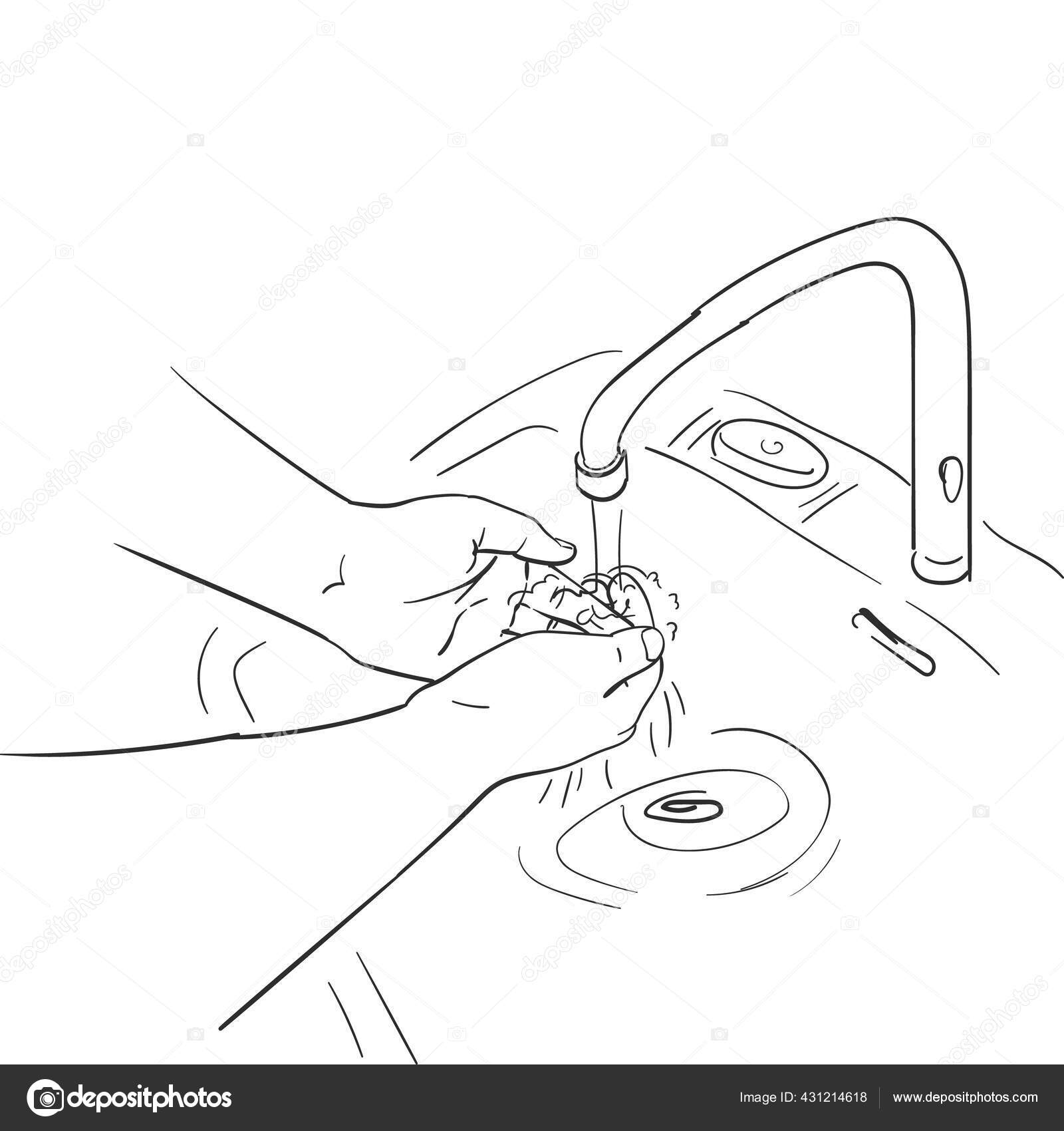 Sketch Washing Hands Tap Water Sink Hand Drawn Vector Linear Stock ...