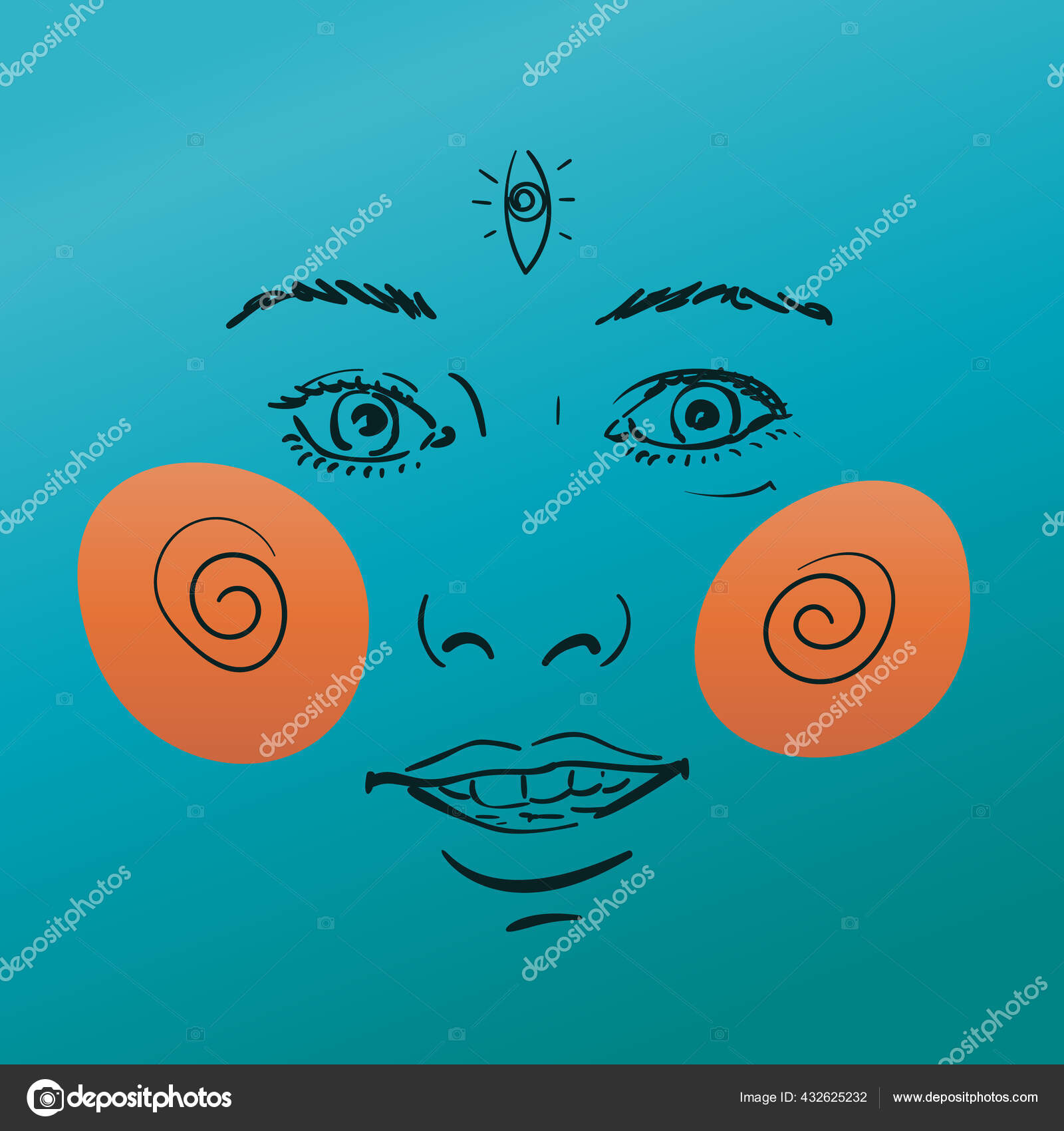 Happy Woman Face Third Eye Spiral Cheeks Vector Sketch Hand Stock ...