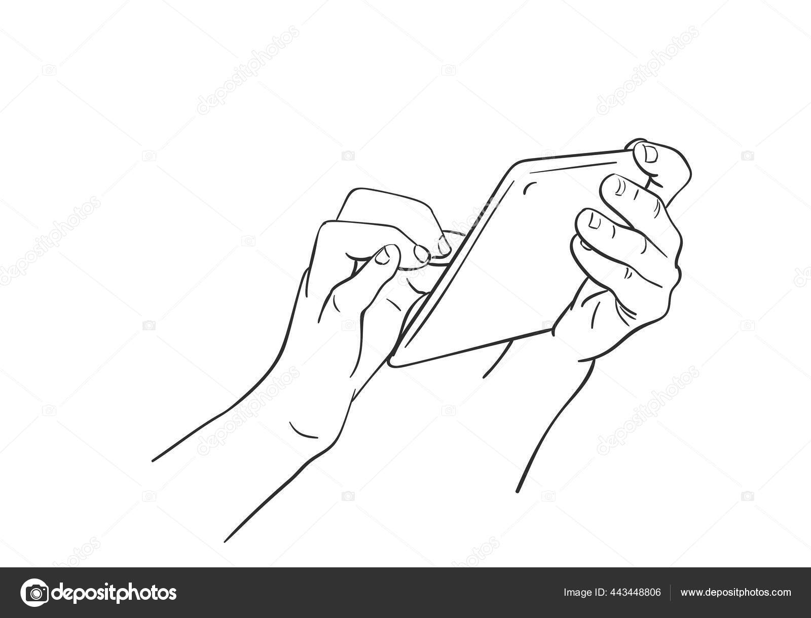 Sketch Hand Holding Tablet Fingers Touch Screen Hand Drawn Vector Stock ...