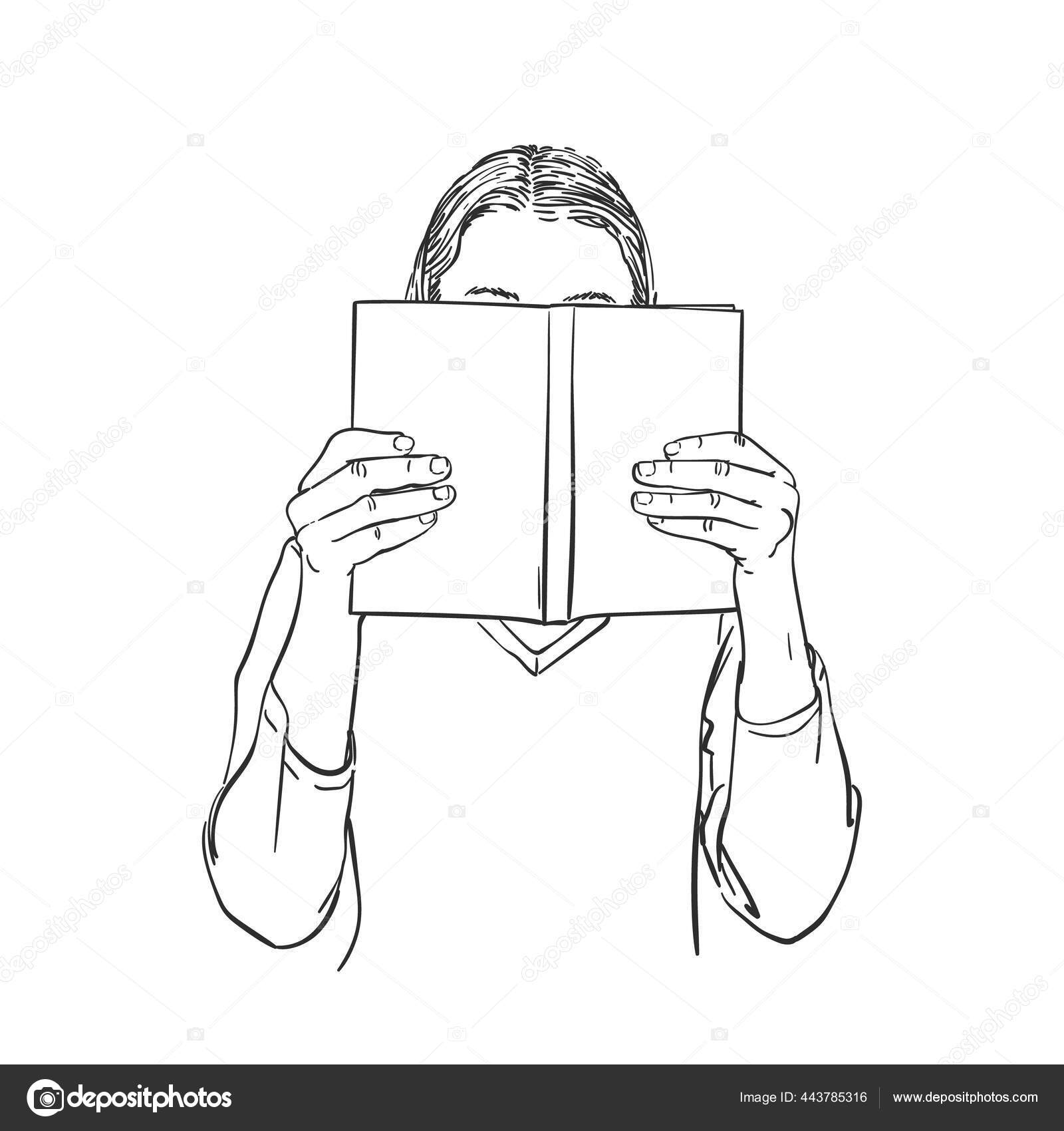 Girl Reading Book Face Hidden Book Vector Sketch Hand Drawn Stock ...