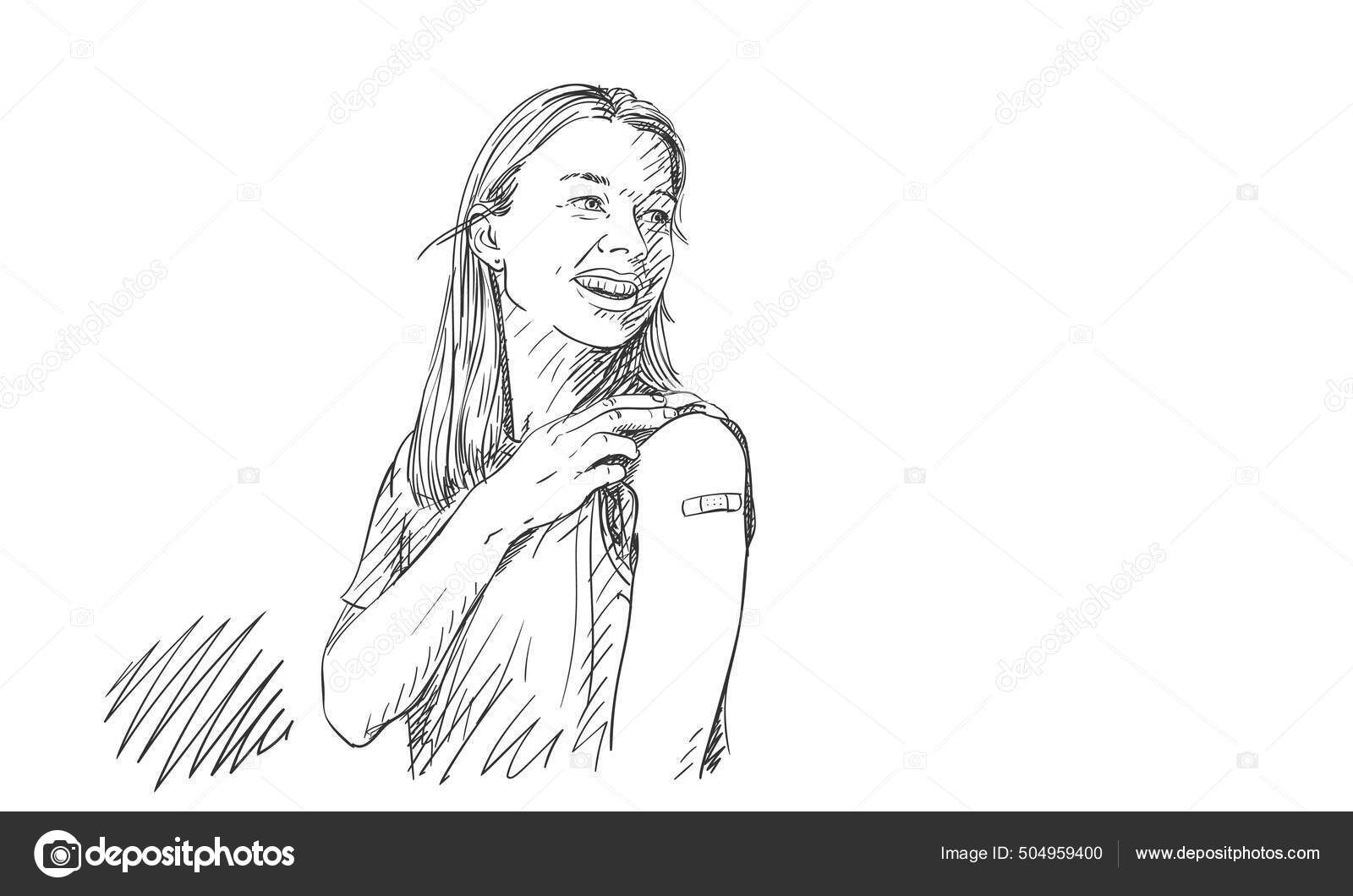 Young Happy Woman Showing Her Arm Receiving Vaccine Shot Vector Stock ...