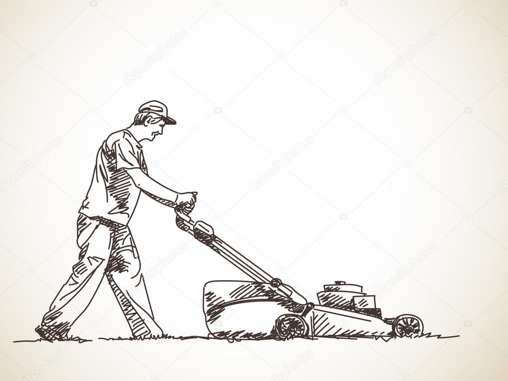 Sketch of man with lawnmower ⬇ Vector Image by © OlgaTropinina | Vector ...