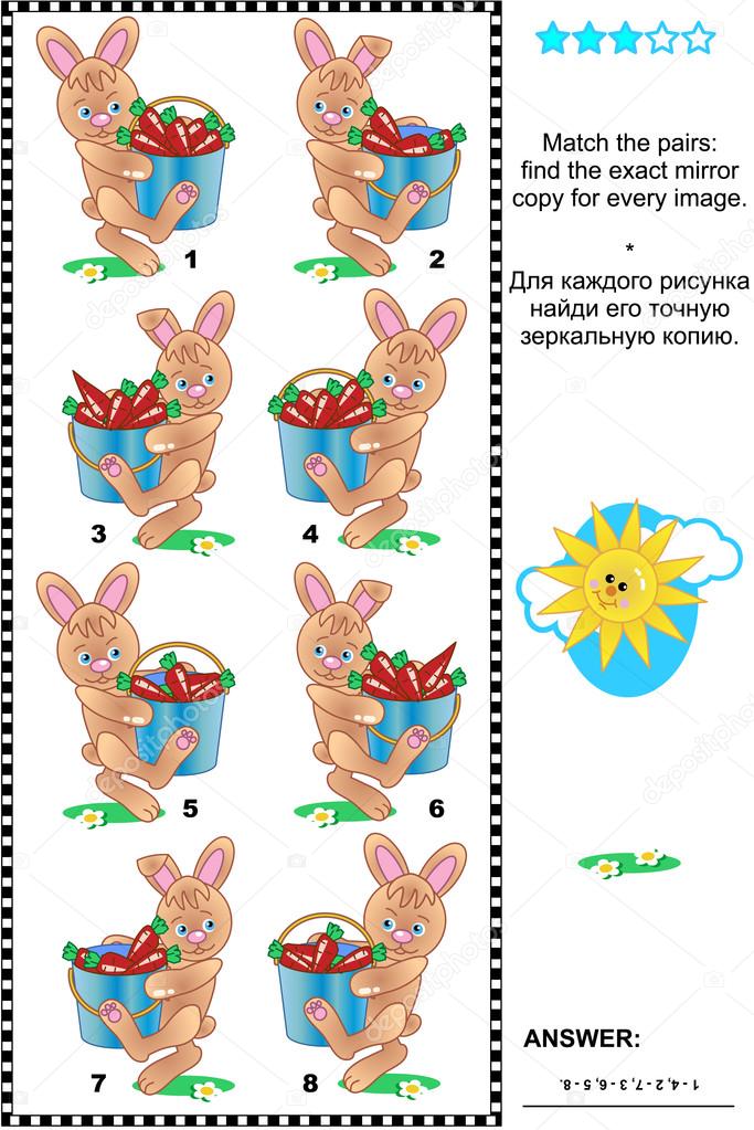 Visual riddle with mirrored pictures - bunnies and carrots — Stock ...