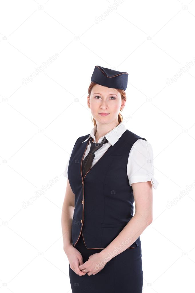 Smiling stewardess in uniform isolated on a white background — Stock ...