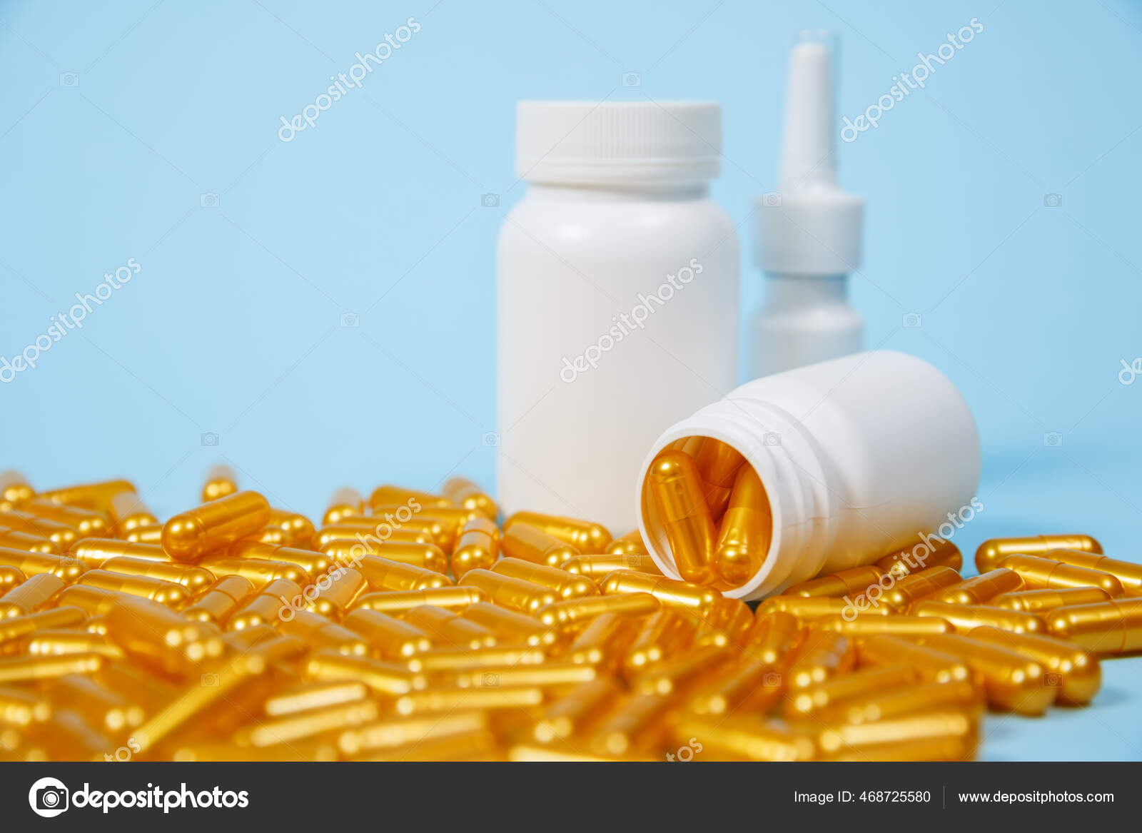 Golden Pill Capsules Blue Background Concept Expensive Medical Care ...