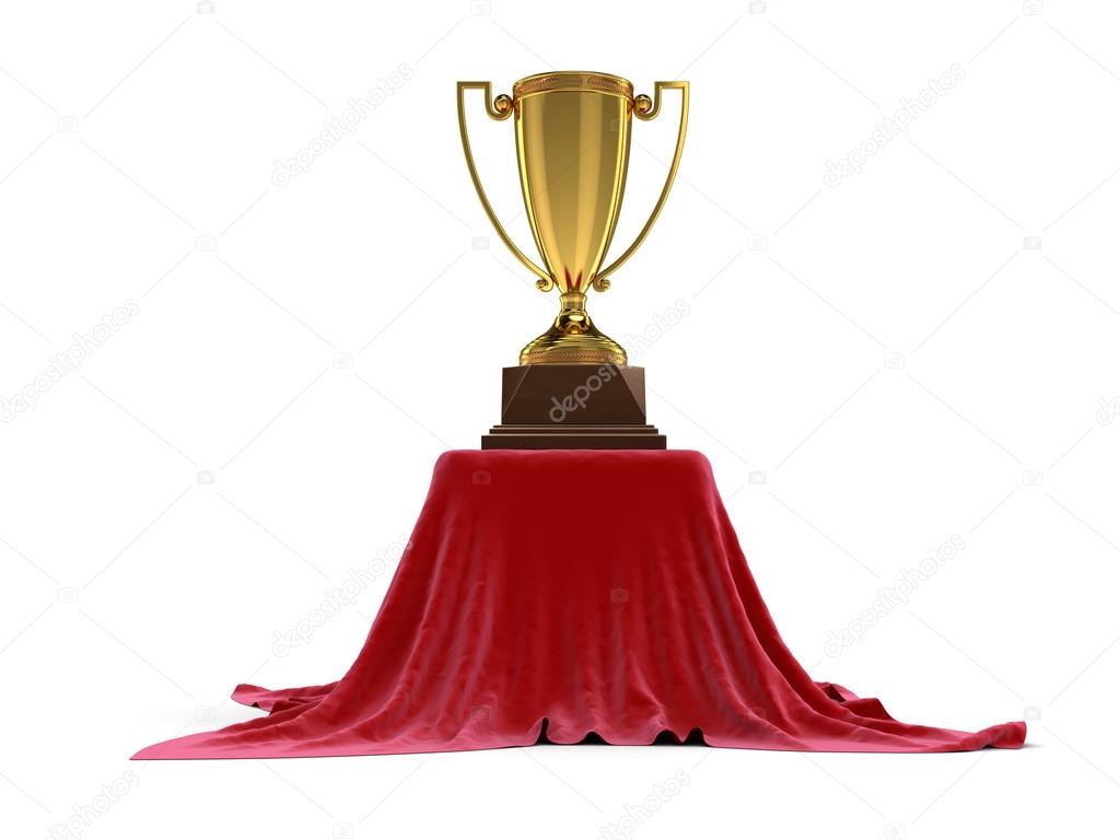 Mantel cubierto con copa Trophy. Imagen con ruta de recorte — Foto de ...