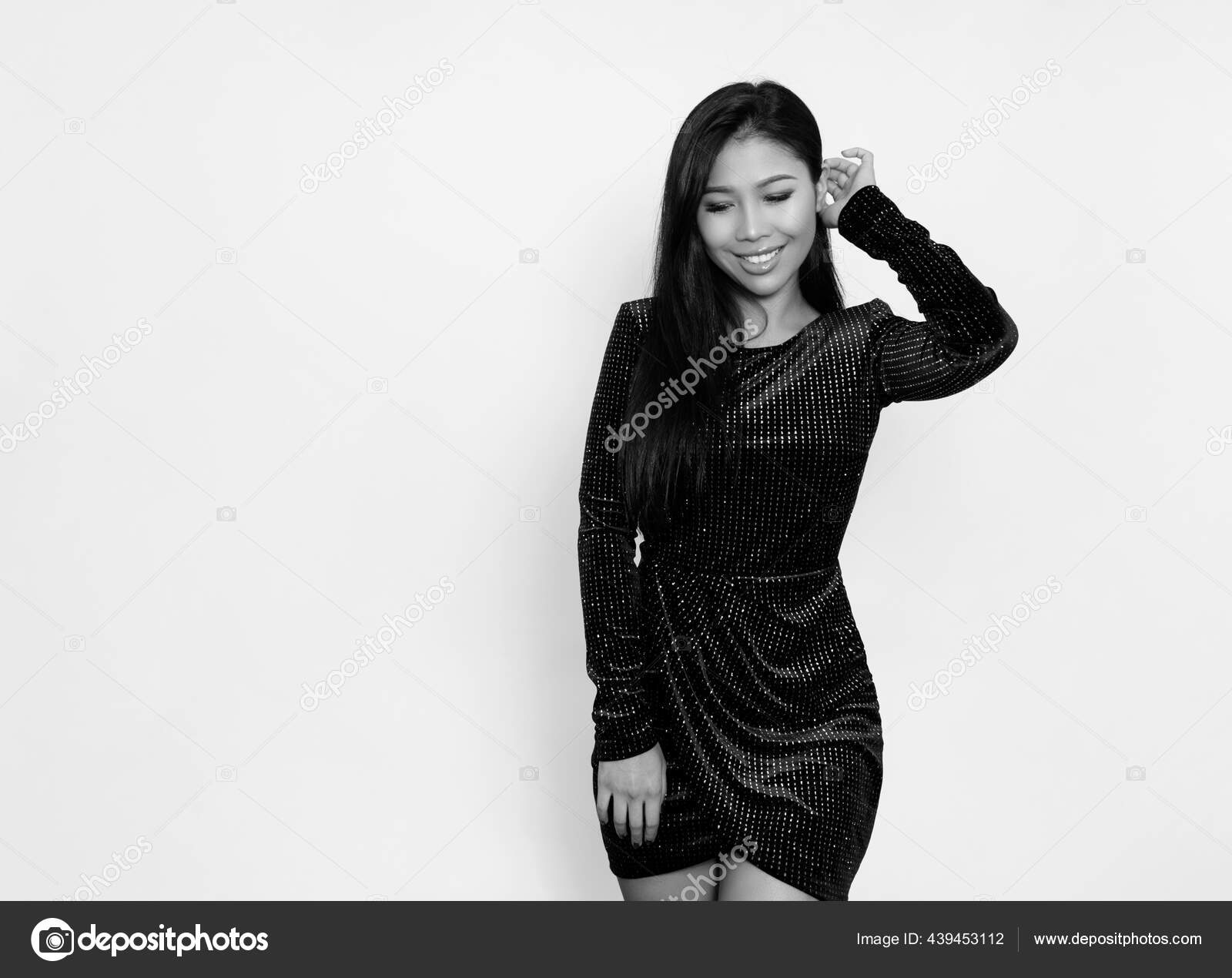 Beautiful Asian Woman Long Black Hair Posing Dress Grey Background