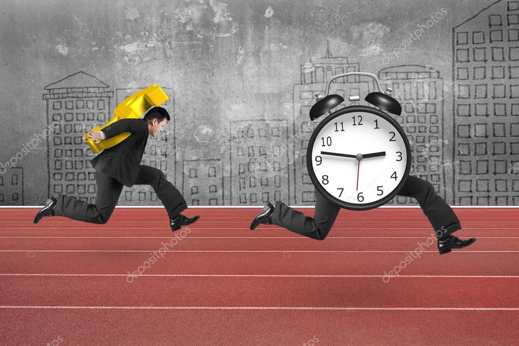 Man carrying dollar sign running after alarm clock — Stock Photo ...