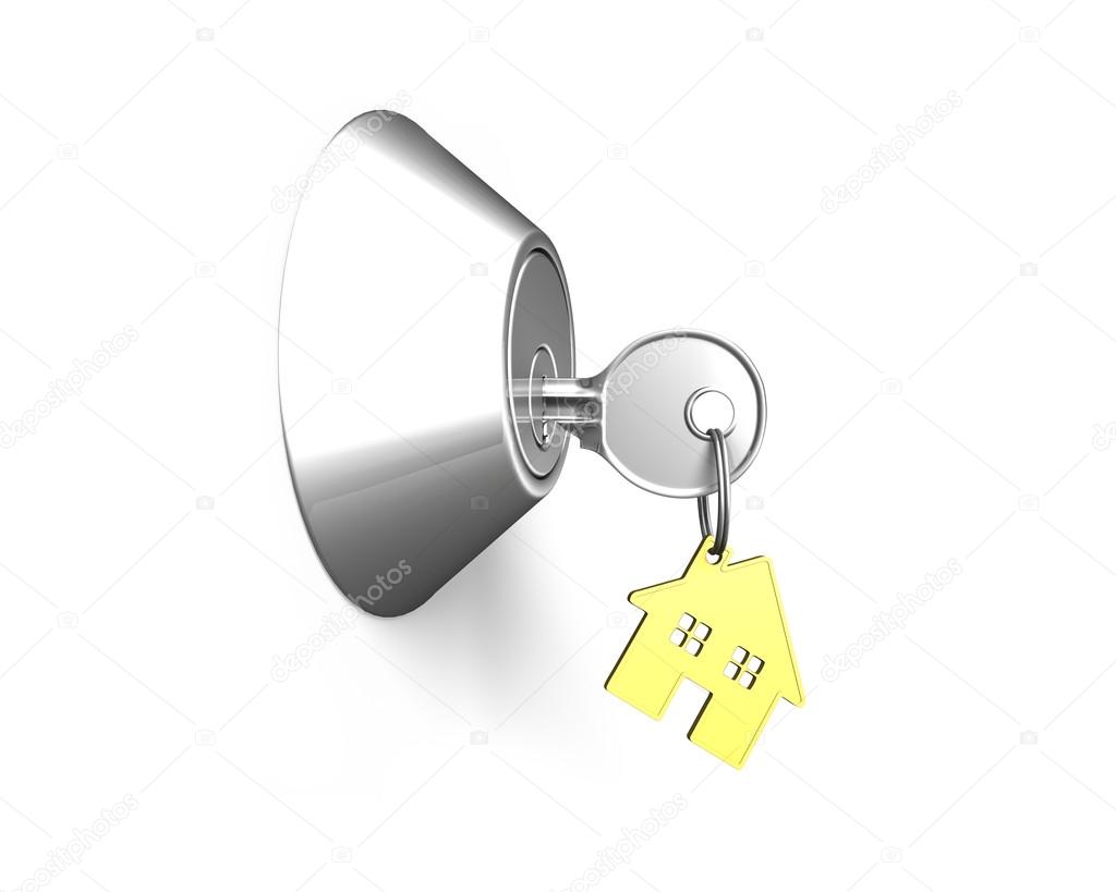 Door lock with Key, house shape key-ring on it Stock Photo by ©bruesw ...