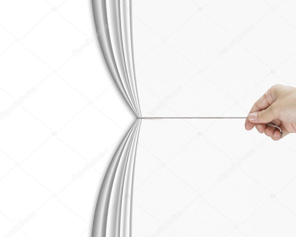 Human hand pulling open white blank curtain with empty behind Stock ...