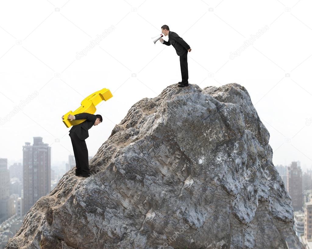 Boss using megaphone commanding employee carrying dollar sign wi Stock ...