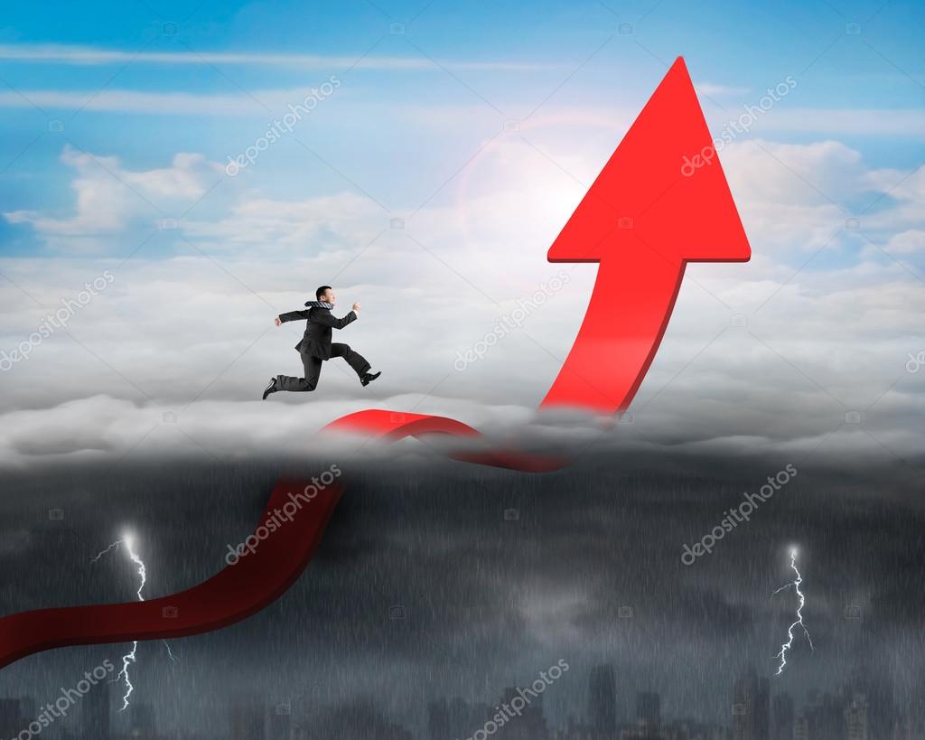 Businessman running arrow up bending trend line with sunny storm ...