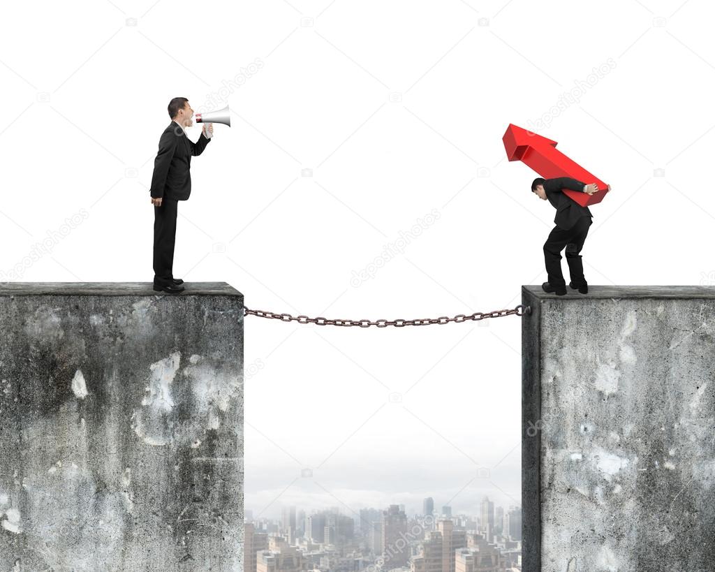 Manager speaker commanding employee carrying arrow sign walk cha Stock ...