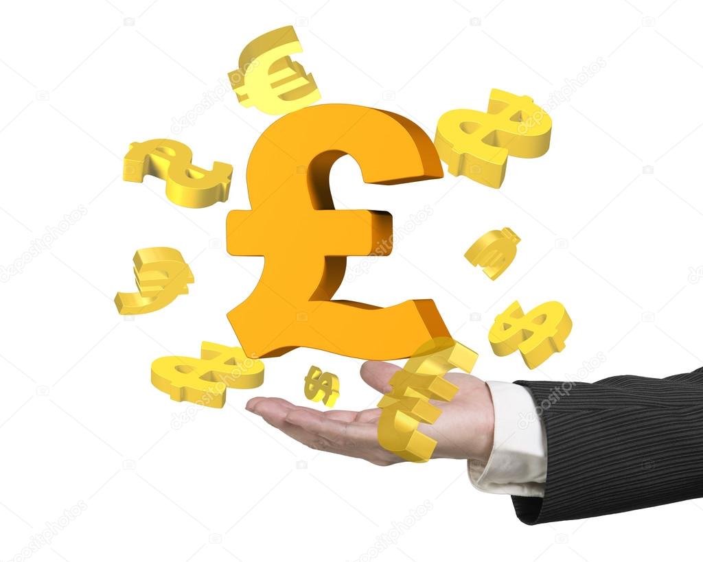 Man hand showing pound sterling symbol with dollar euro signs Stock ...