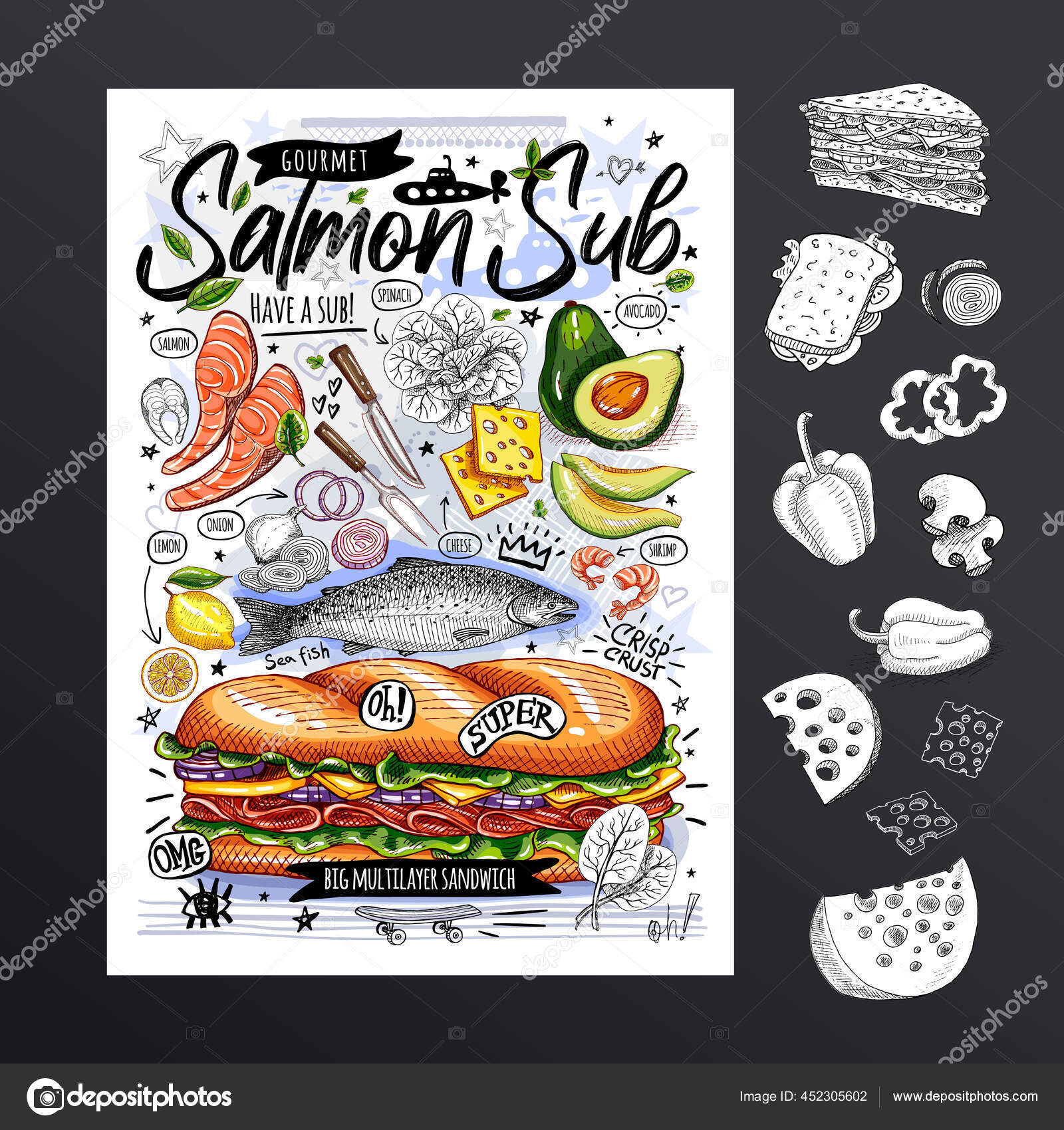 Food poster, ad, fast food, ingredients, menu, sandwich, sub, snack ...