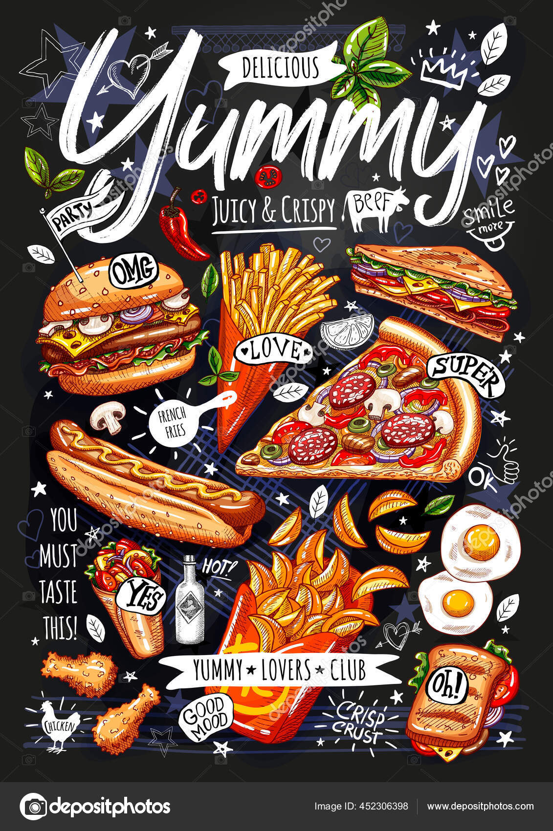 Food poster, ad, fast food, set, menu, burger, pizza slice, sandwich ...