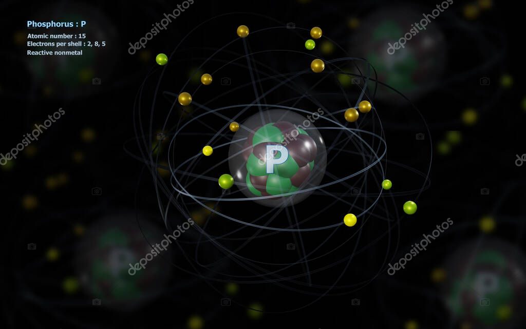 Átomo de fósforo con núcleo detallado y sus 15 electrones con átomos en ...