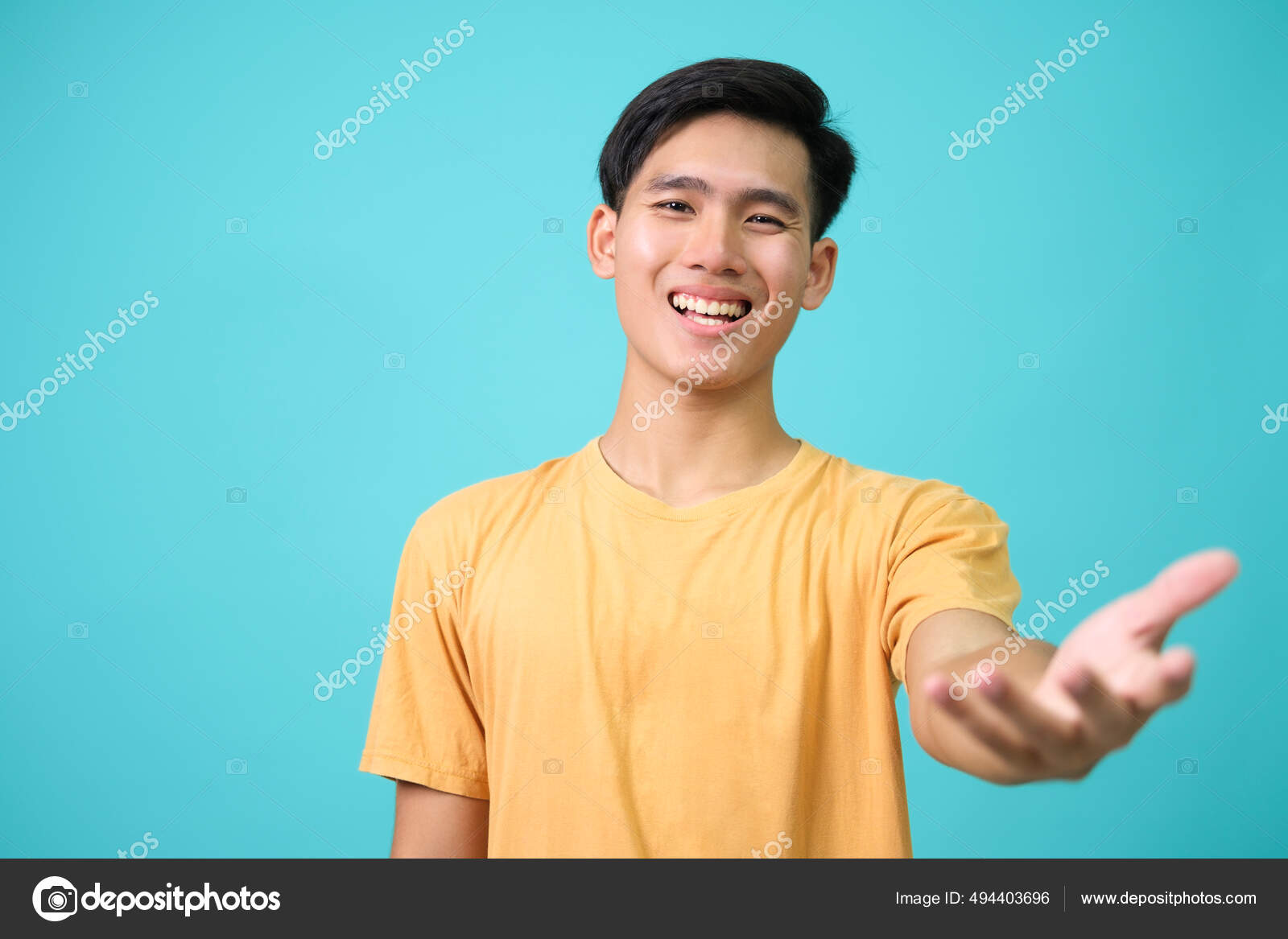 Happy Friendly Man Give Warm Welcome Hug Dear Guest Spread — Stock ...