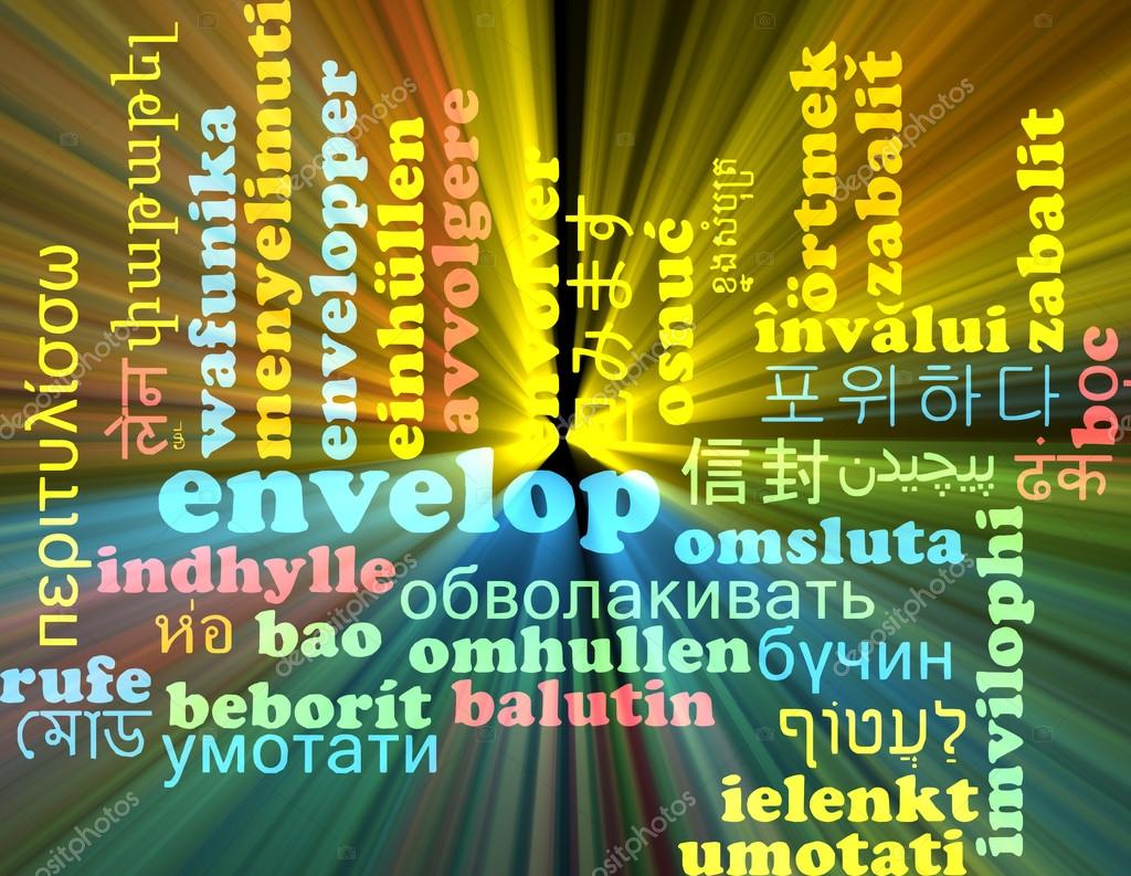 Envelop multilanguage wordcloud background concept glowing — Stock ...