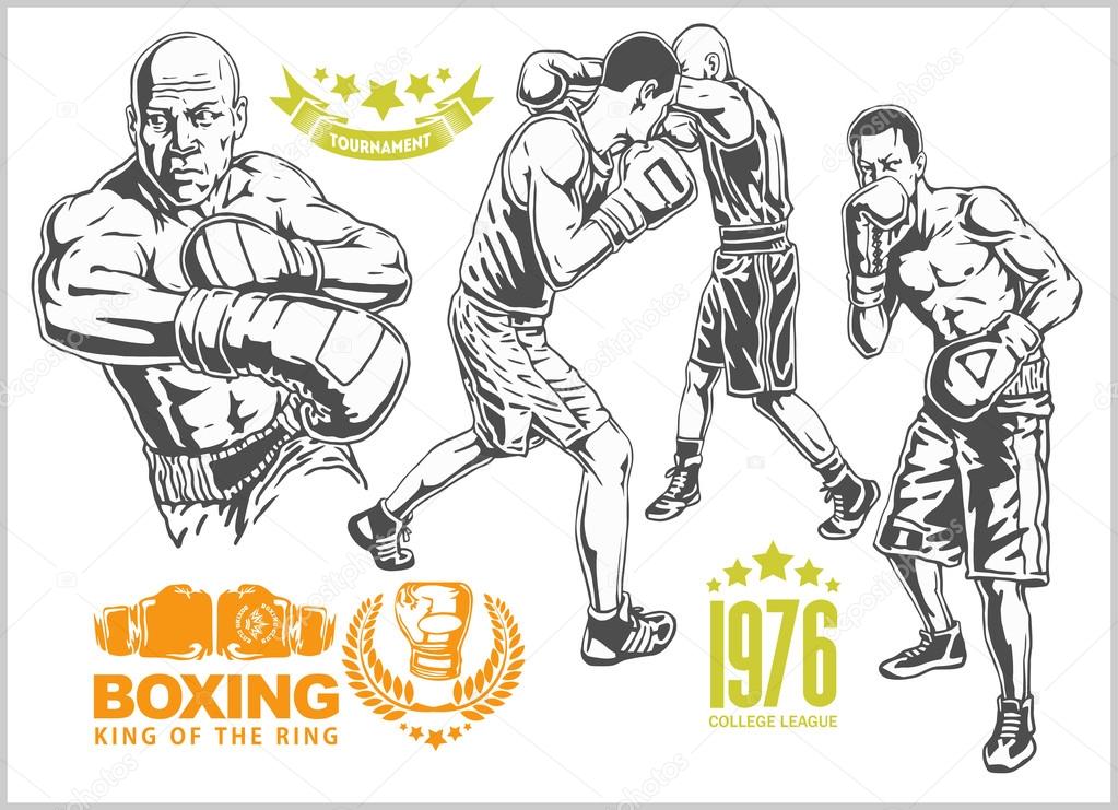 Fight between two boxers - set of monochrome illustrations.Plus vintage ...