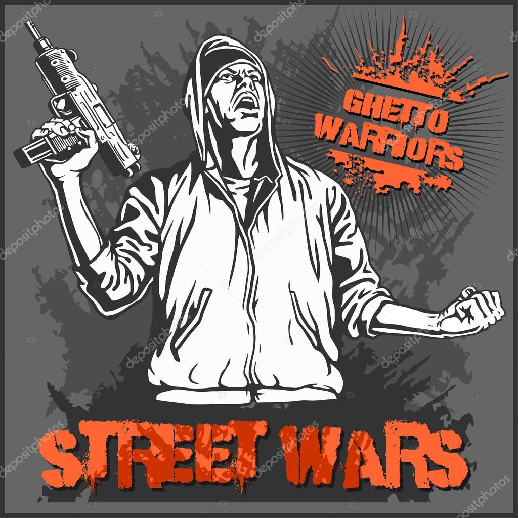 Ghetto Warriors vector illustration. Gangster on dirty graffiti ...