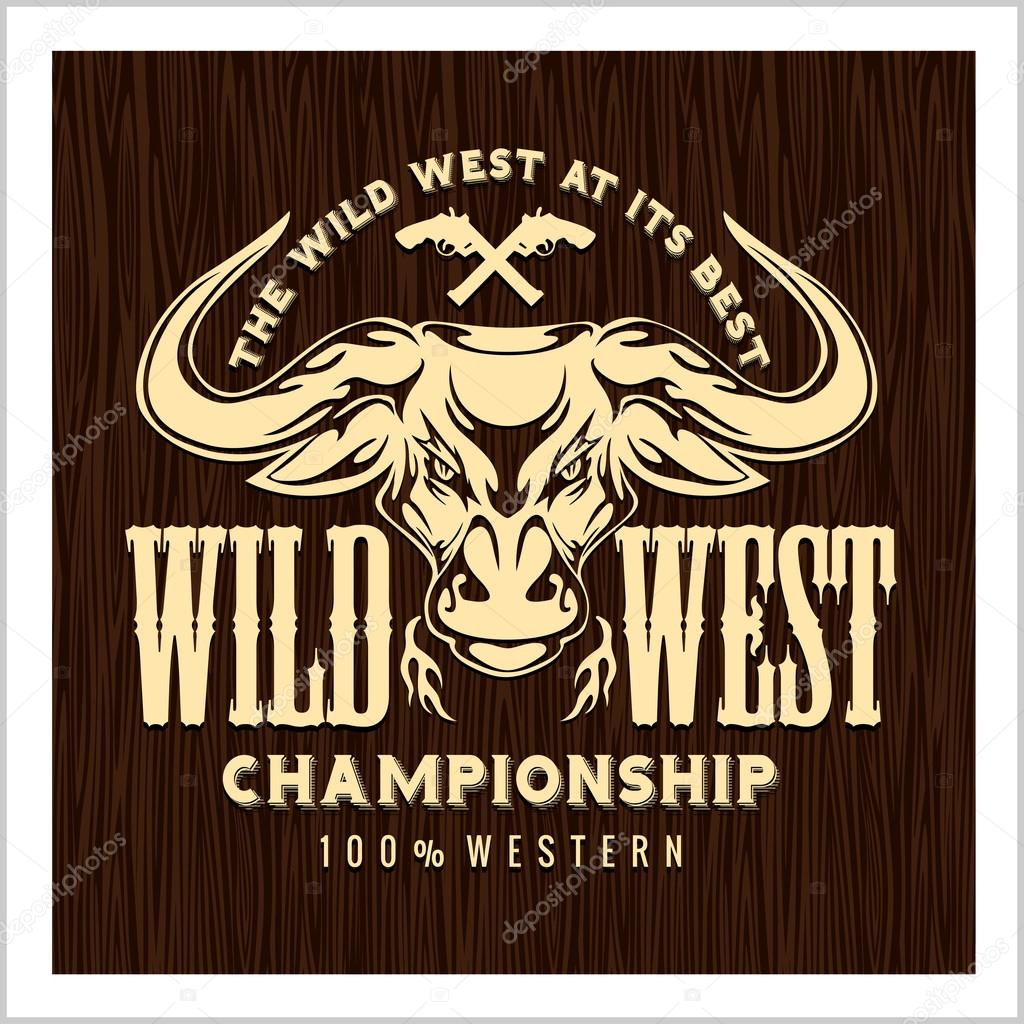 Campeonato del Salvaje Oeste - insignia en la textura de madera. Rodeo ...
