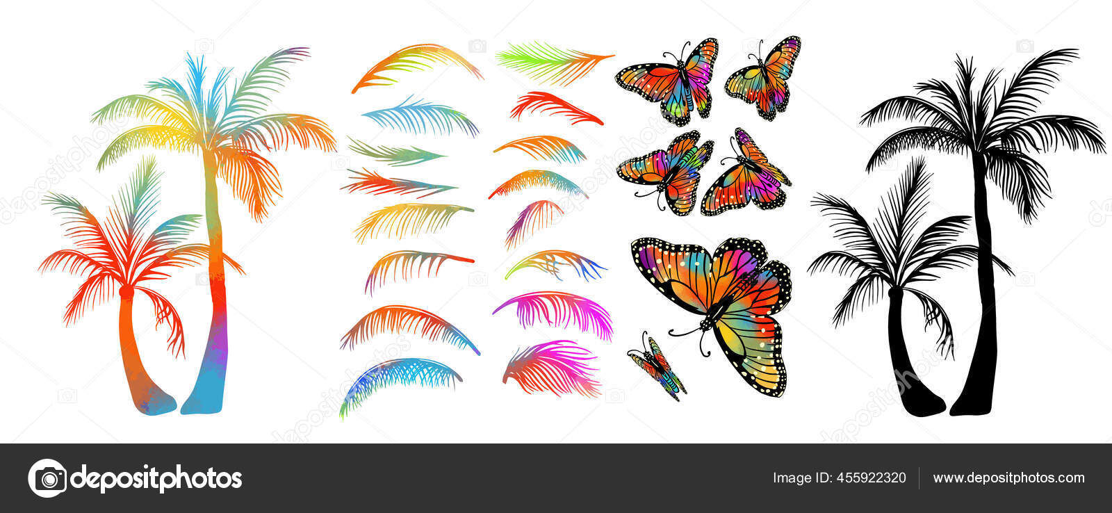 Multicolored Palm trees. Set of palm leaves and butterflies. Vector ...