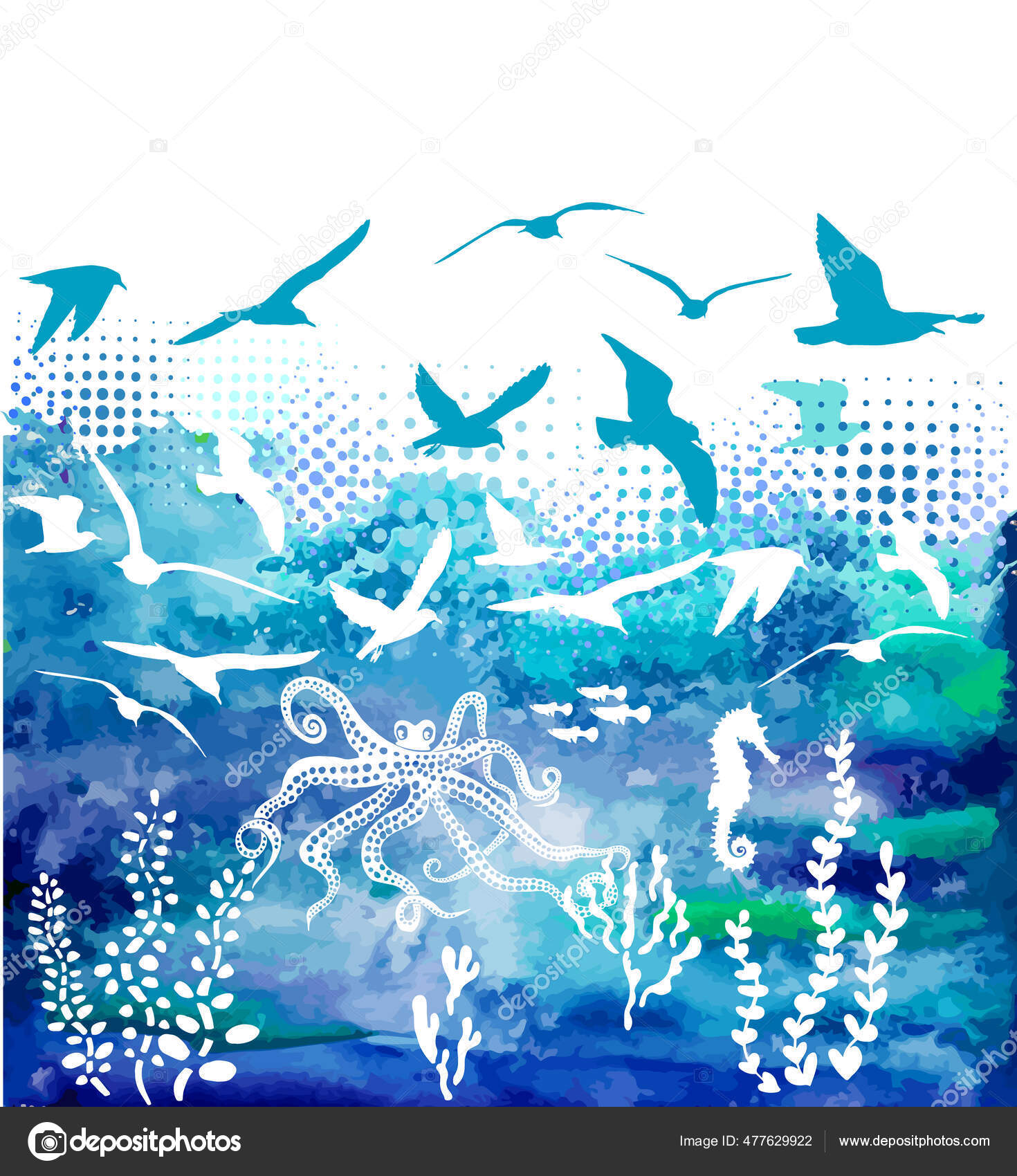 Abstraction of sea and seagulls. sea background with fishes and octopus ...