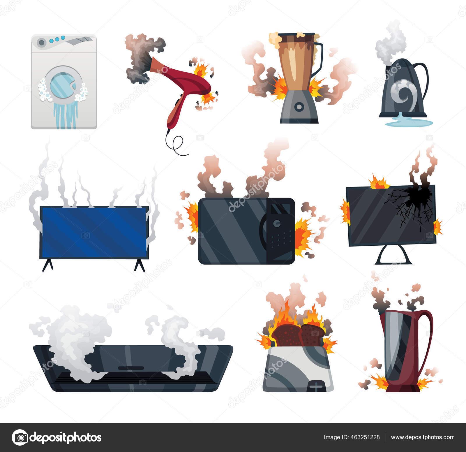 Broken home appliances. Damaged electrical household equipment ...